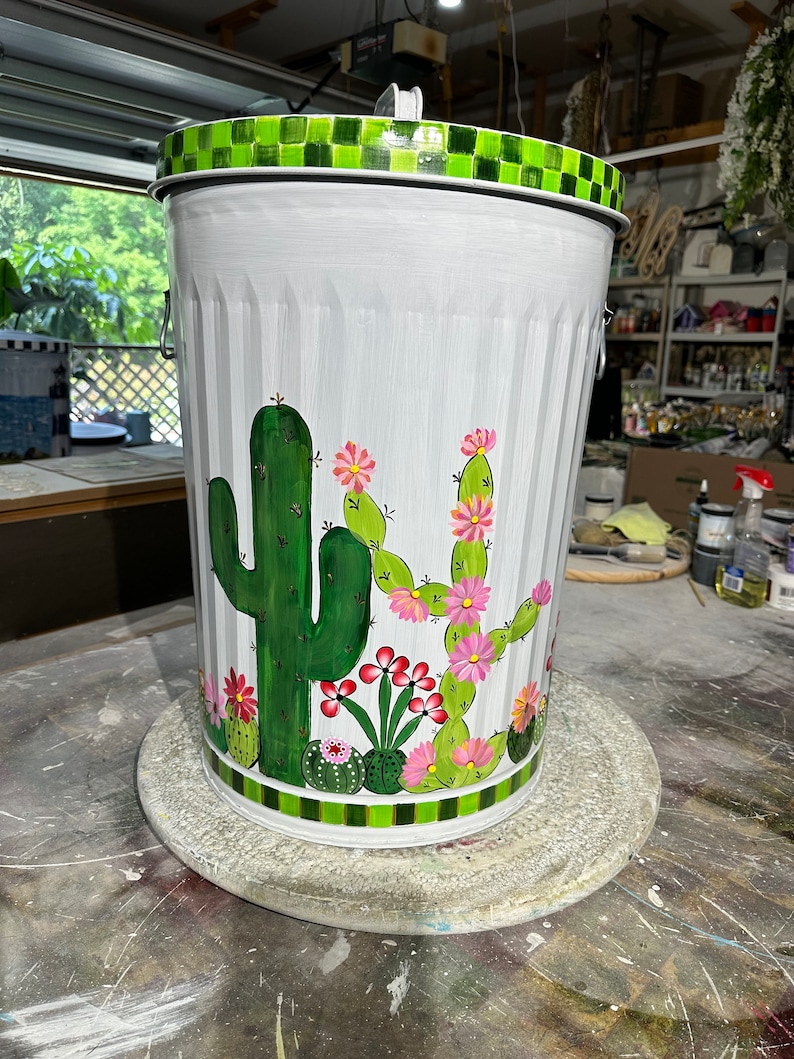 Hand Painted Trash Can - 20 Gallon - Cactus, Red and Pink Flowers - Etsy