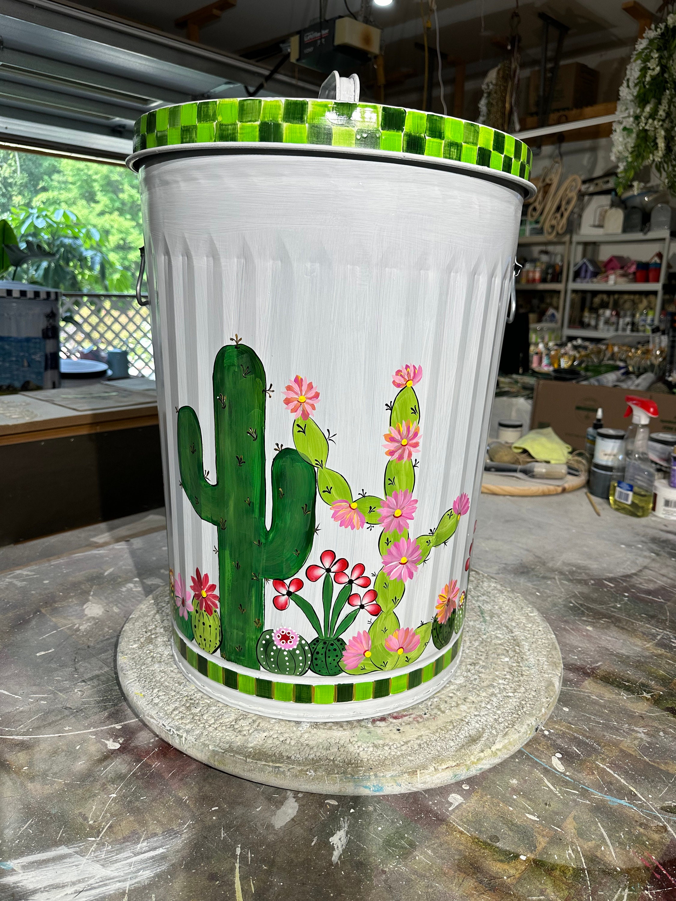 Hand Painted Trash Can 20 Gallon Cactus, Red and Pink Flowers - Etsy