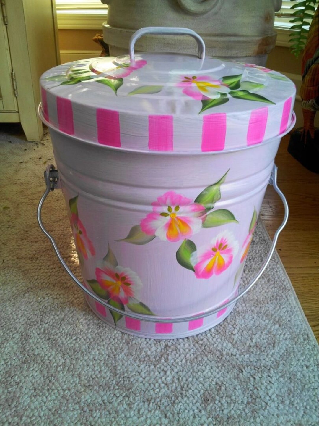 Hand Painted Trash/garbage Can - 6 Gallon Light Pink Wash, Pansies ...