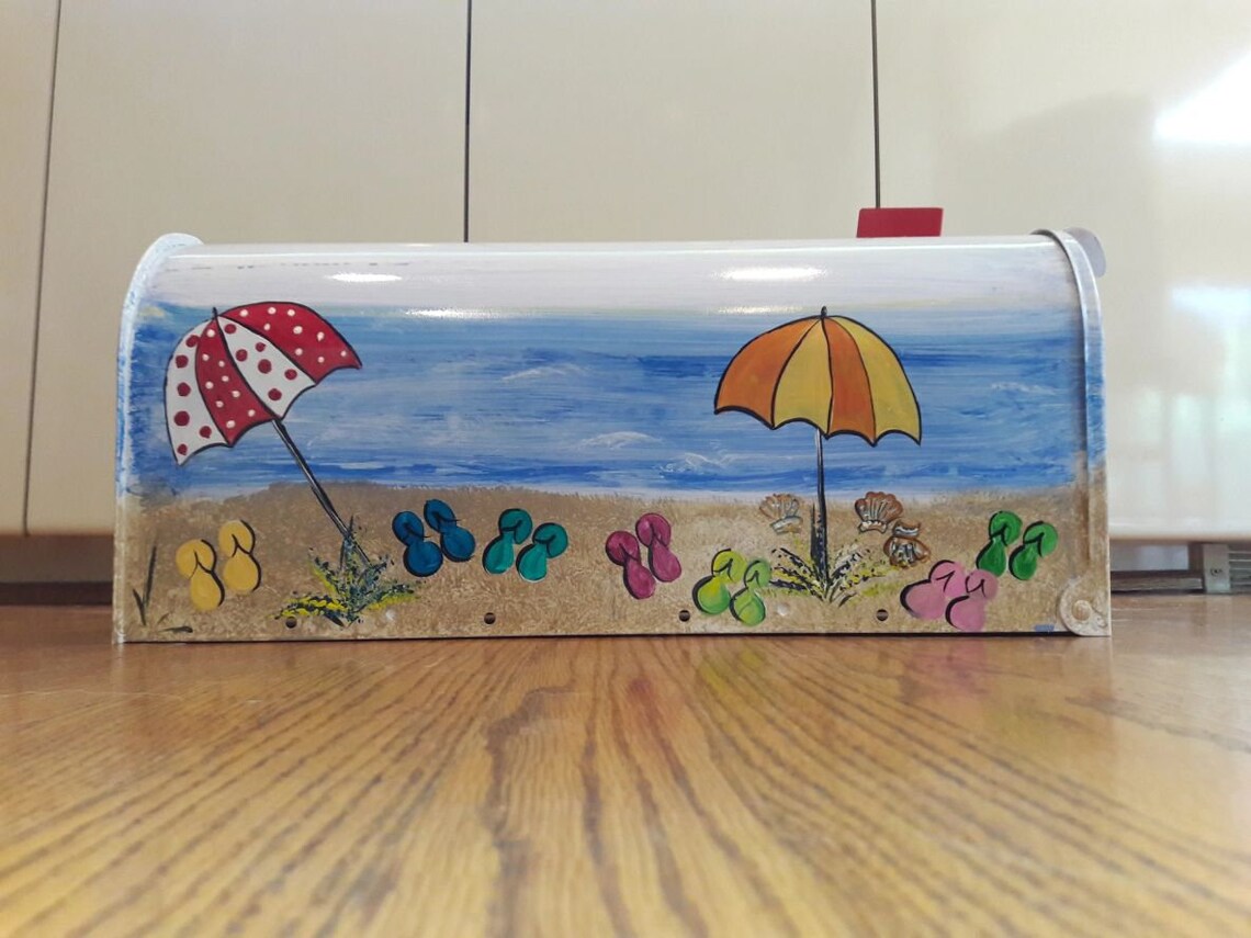 Hand Painted Mailbox - at the Beach W/sand, Umbrellas, Flip Flops - Etsy