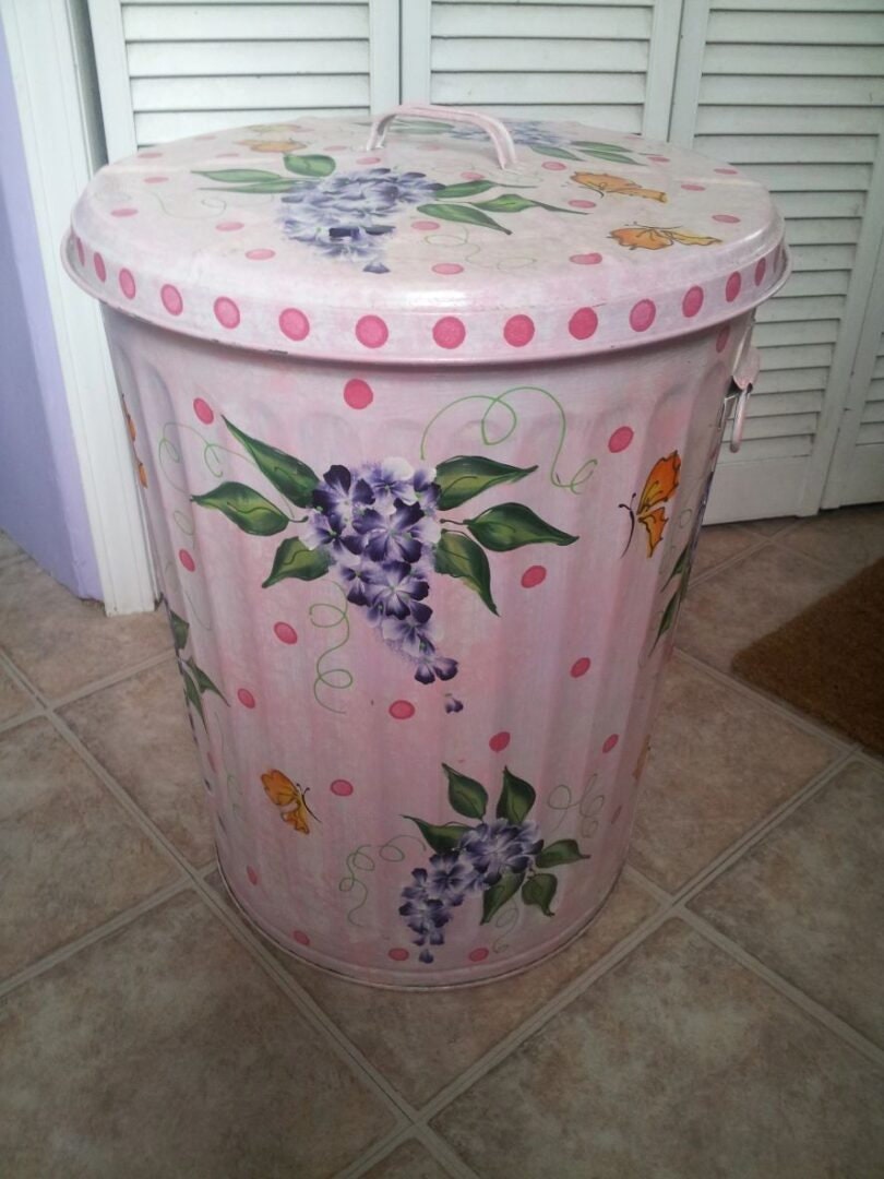 Hand Painted Trash/garbage Can - 20 Gallon Textured Pink Wash, Purple ...