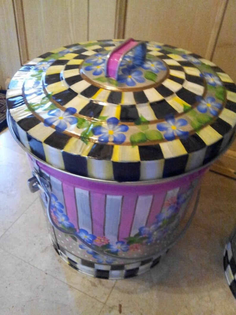 Hand Painted Trash/garbage Can - 10 Gallon Galvanized W/stripes, Floral ...