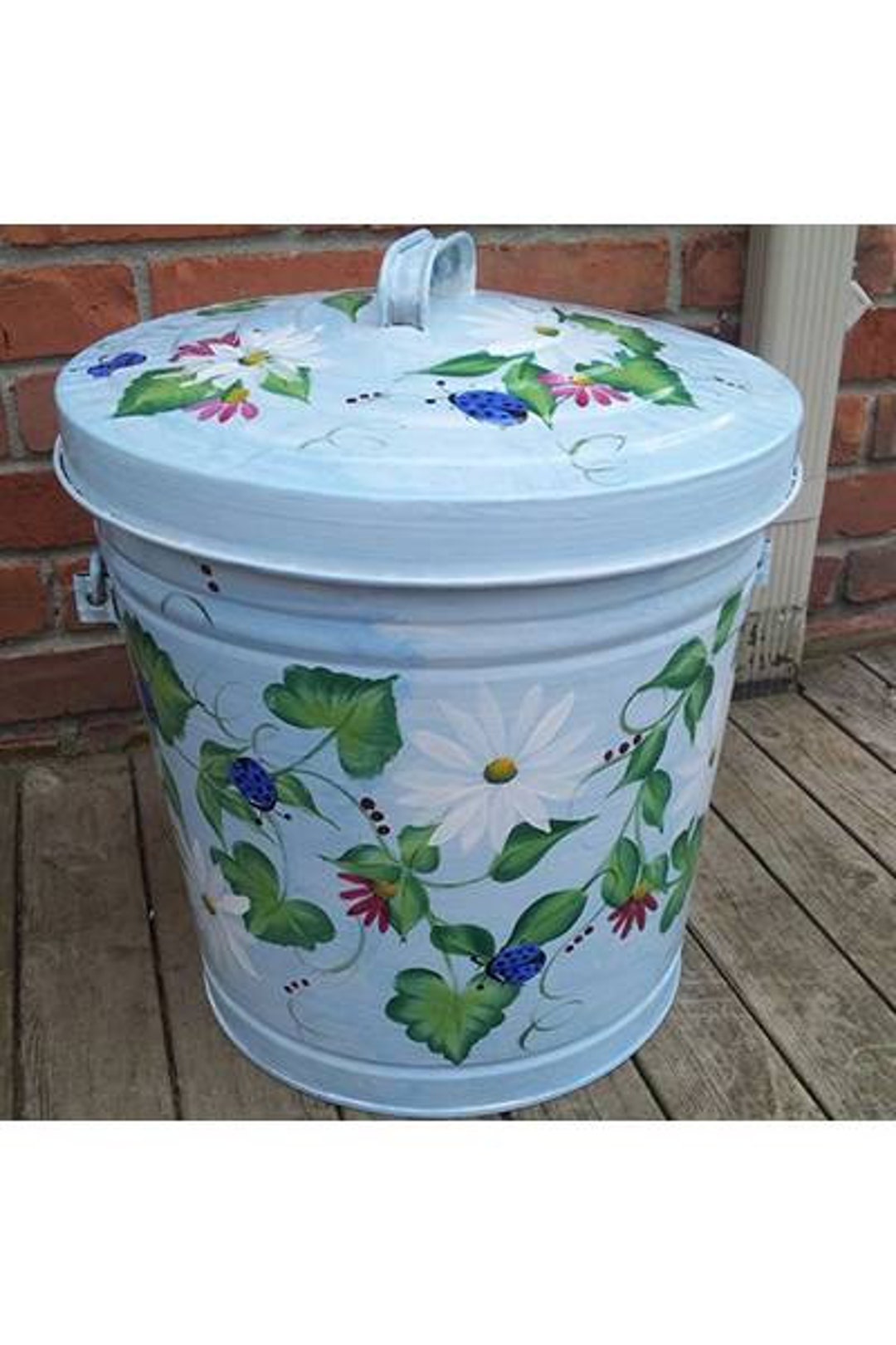 Hand Painted Trash/garbage Can - 10 Gallon Medium Blue Wash, Floral ...