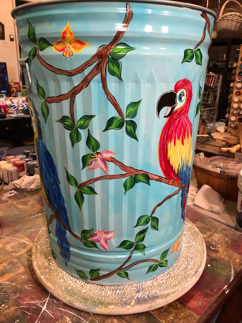 Hand Painted Trash/garbage Can Carribean Blue With Parrots, Branches ...