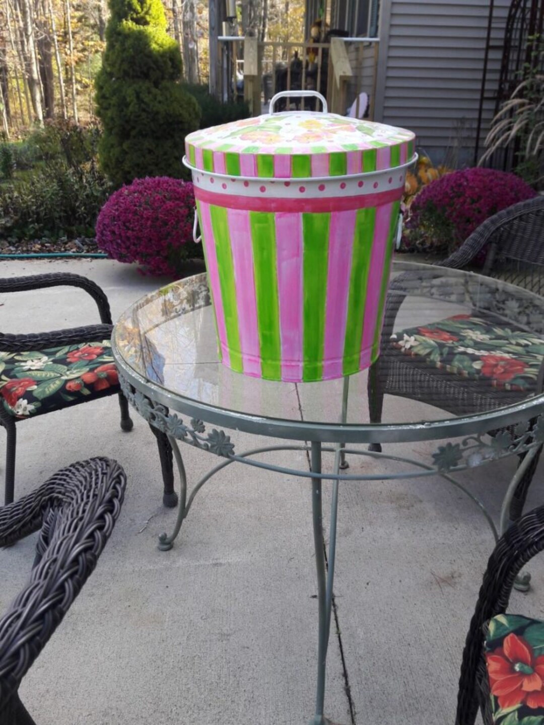 Hand Painted Trash/garbage Can - 10 Gallon Pink and Green Stripe ...