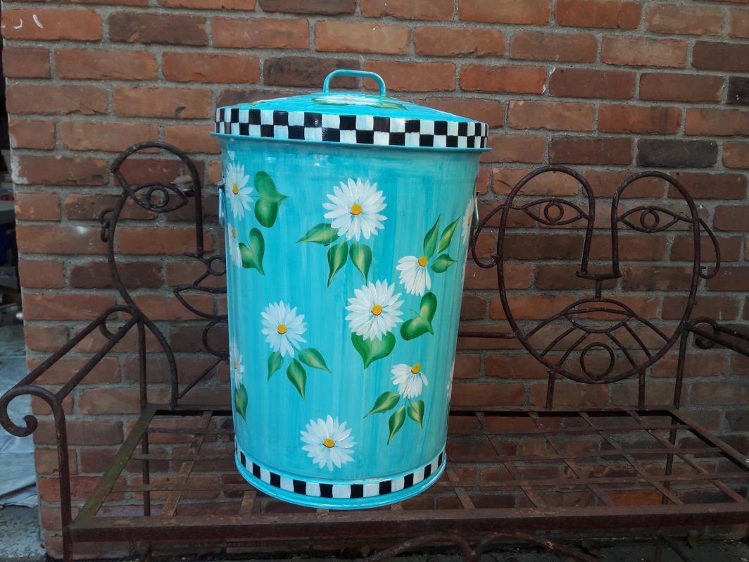 20 Gallon Calypso Wash, White Daisy, Greenery, Black& Checked Lid Rim ...