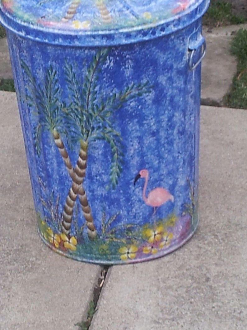 Hand Painted Trash/garbage Can 20 Gallon Cobalt Wash Palm - Etsy