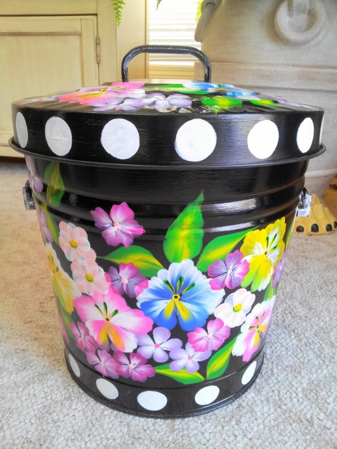 Hand Painted Trash/garbage Can - 6 Gallon Pure Black Wash, Floral ...
