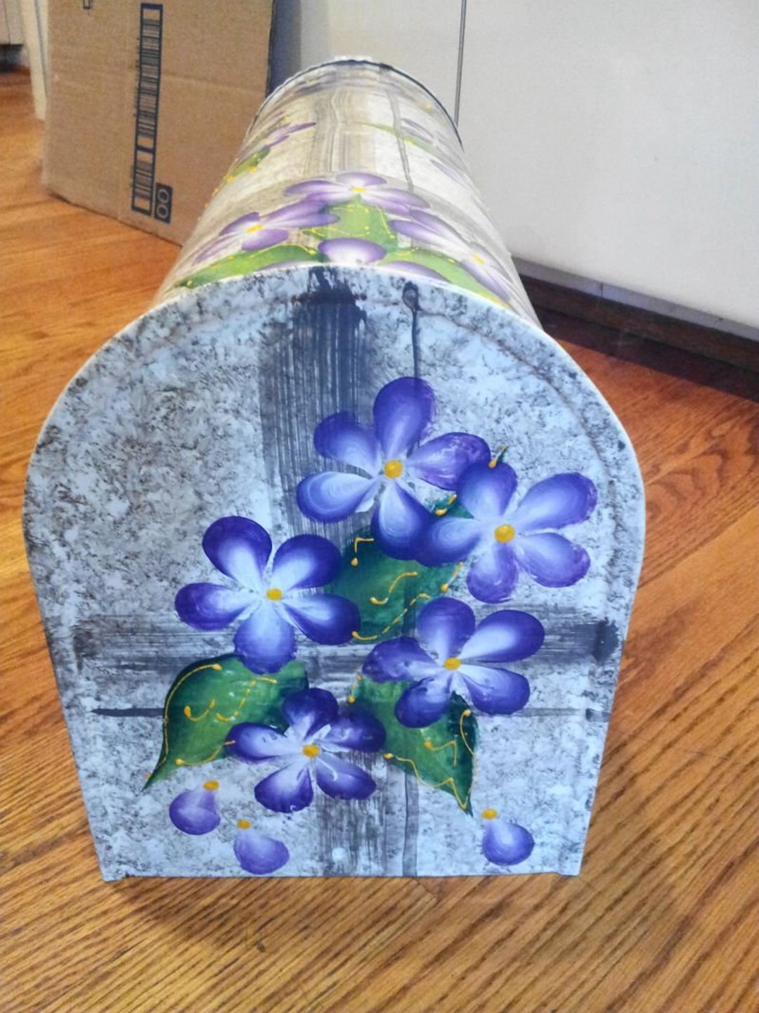 Hand Painted Mailbox - Grey Texture W/dark Grid, Purple Floral ...