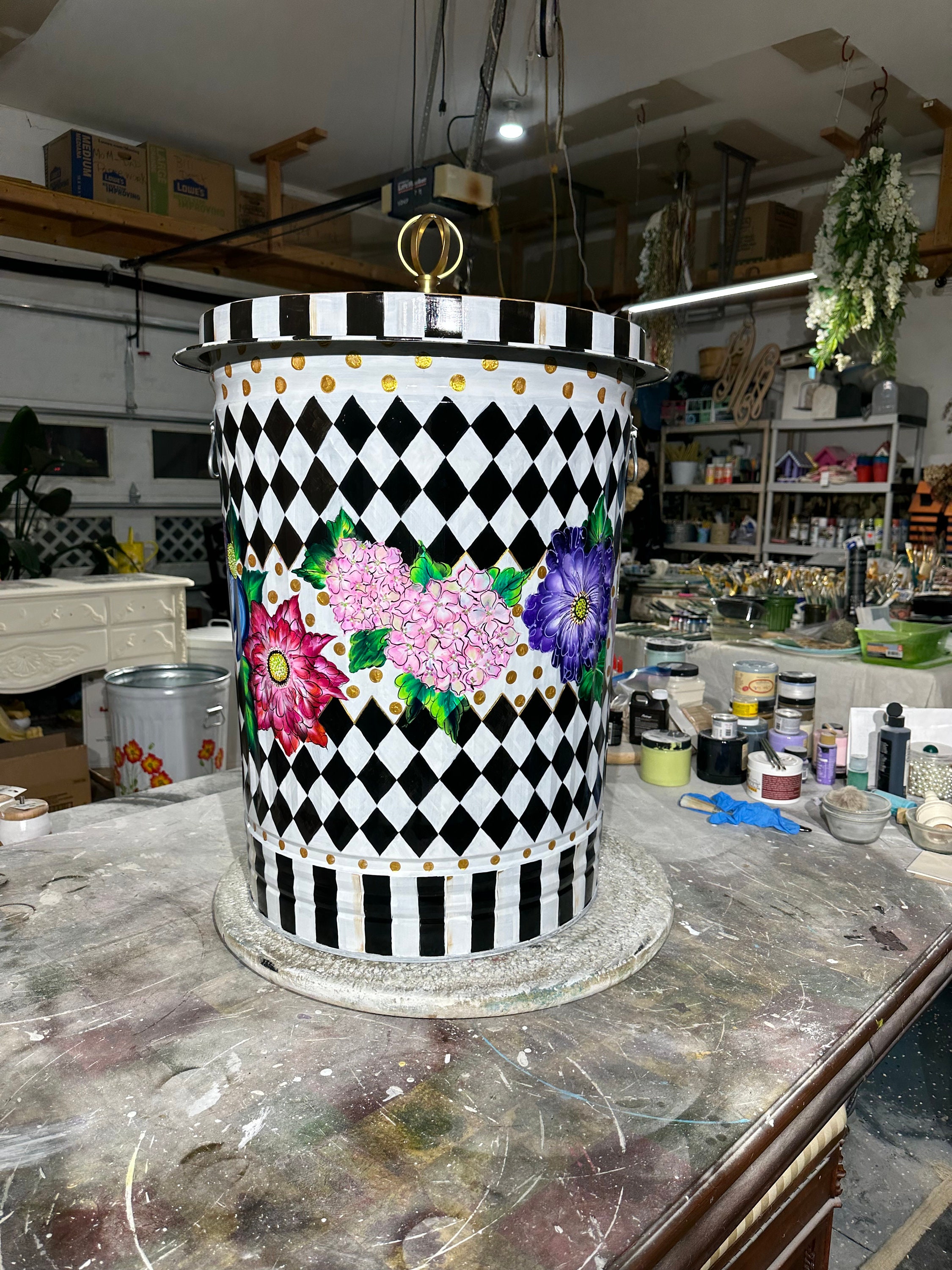 Hand Painted Trash Can 30 Gallon Multi Pattern/floral Barrel Legs - Etsy