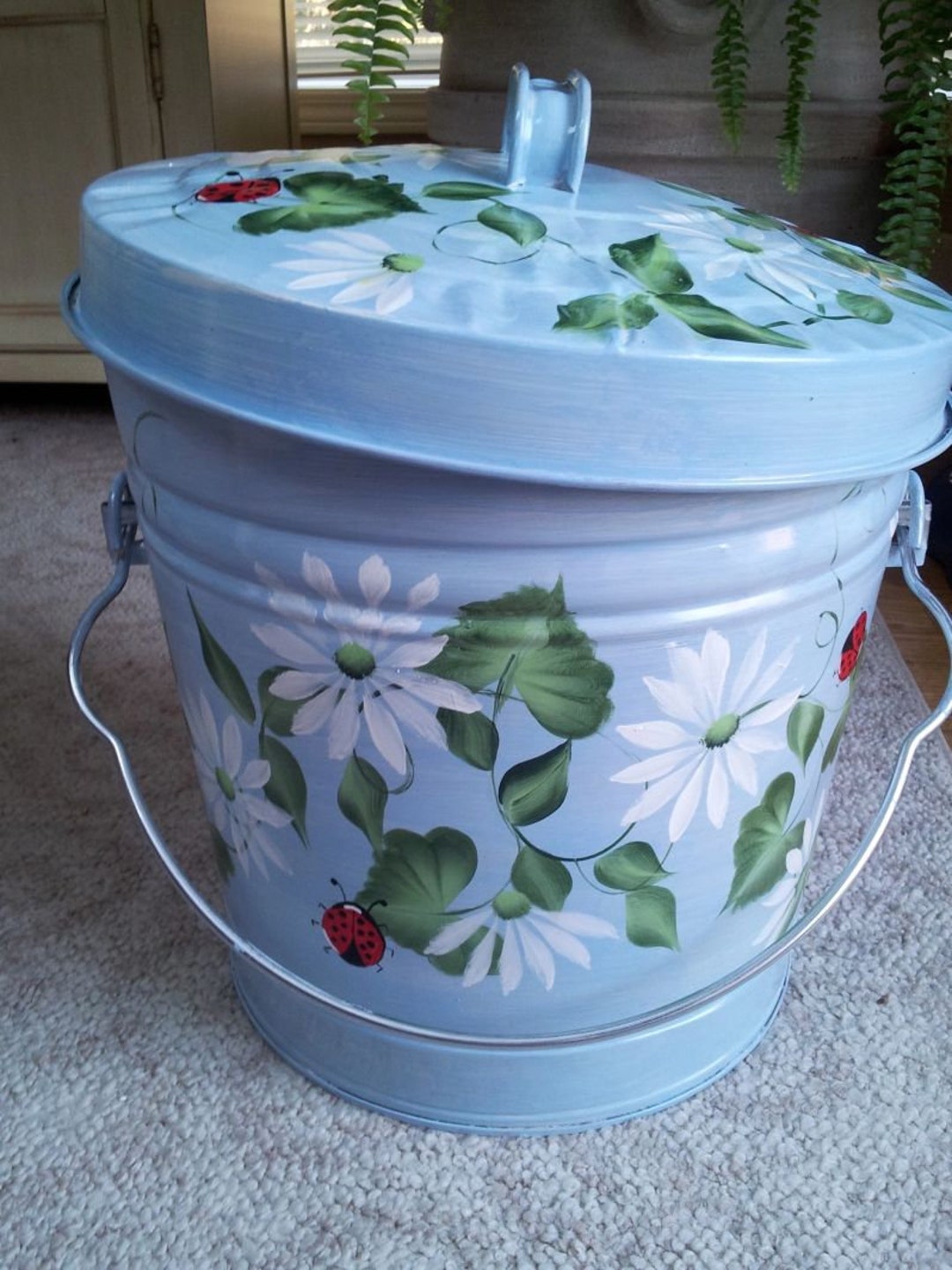 Hand Painted Trash/garbage Can - 6 Gallon Medium Blue Daisy, Greenery ...