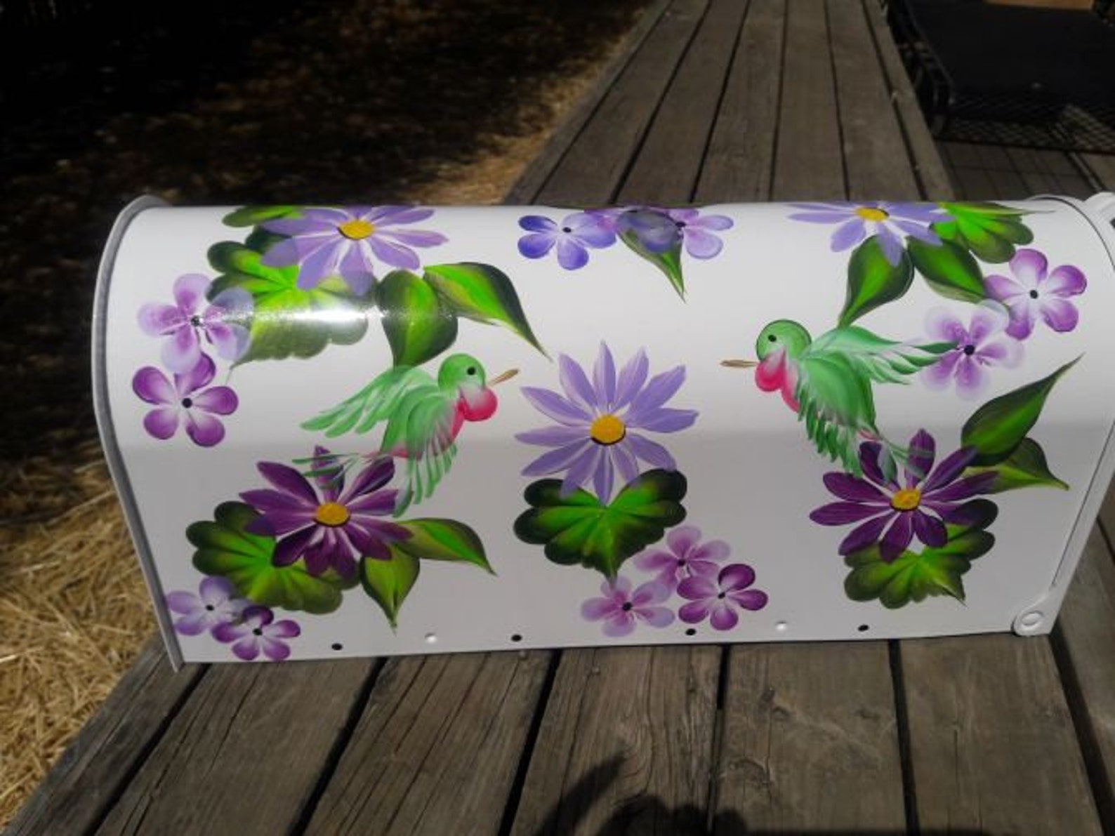 Hand Painted Mailbox - Bright White W/purple Floral, Hummingbirds ...