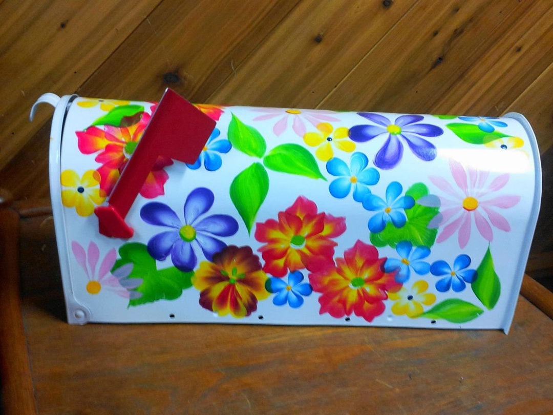 Hand Painted Mailbox - Bright White W/vibrant Multi Colored Floral ...