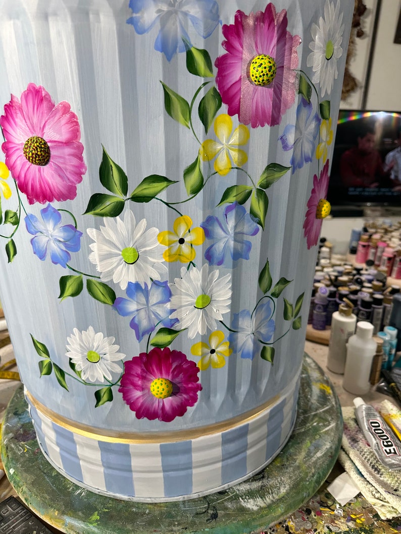 Hand Painted Trash/garbage Can - 30 Gallon - Floral, Dimensional ...