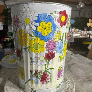 Hand Painted Trash/garbage Can - 20 Gallon- Floral, Picket Fence, Glass ...