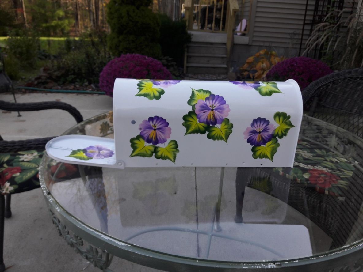 Hand Painted Mailbox Bright White With Purple Pansies and Greenery - Etsy