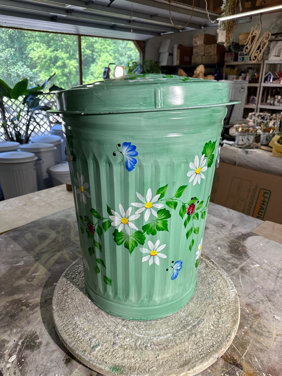 Hand Painted Trash/garbage Can - 20 Gallon Light Hunter Wash, Daisies ...