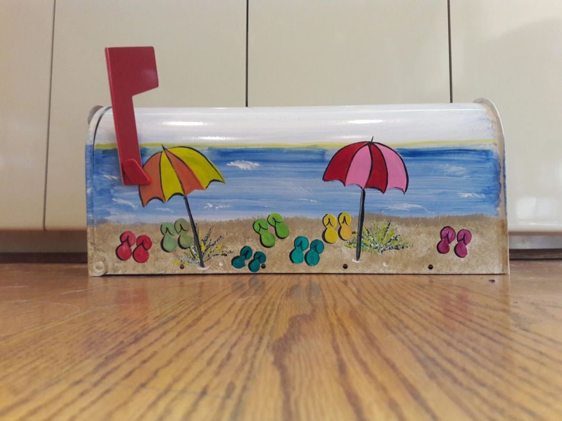 Hand Painted Mailbox - at the Beach W/sand, Umbrellas, Flip Flops - Etsy