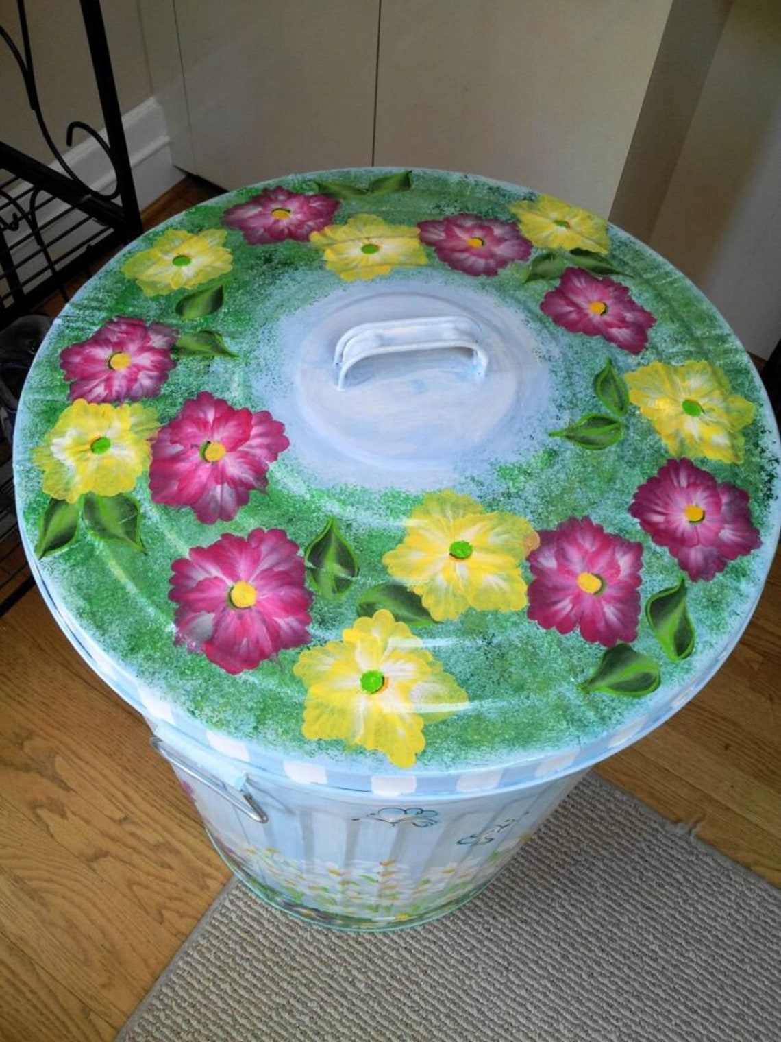Hand Painted Trash/garbage Can - 30 Gallon Flower Garden, Welcome Sign ...