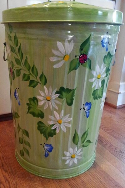 Hand Painted Trash/garbage Can 20 Gallon Light Hunter Wash, Daisies ...