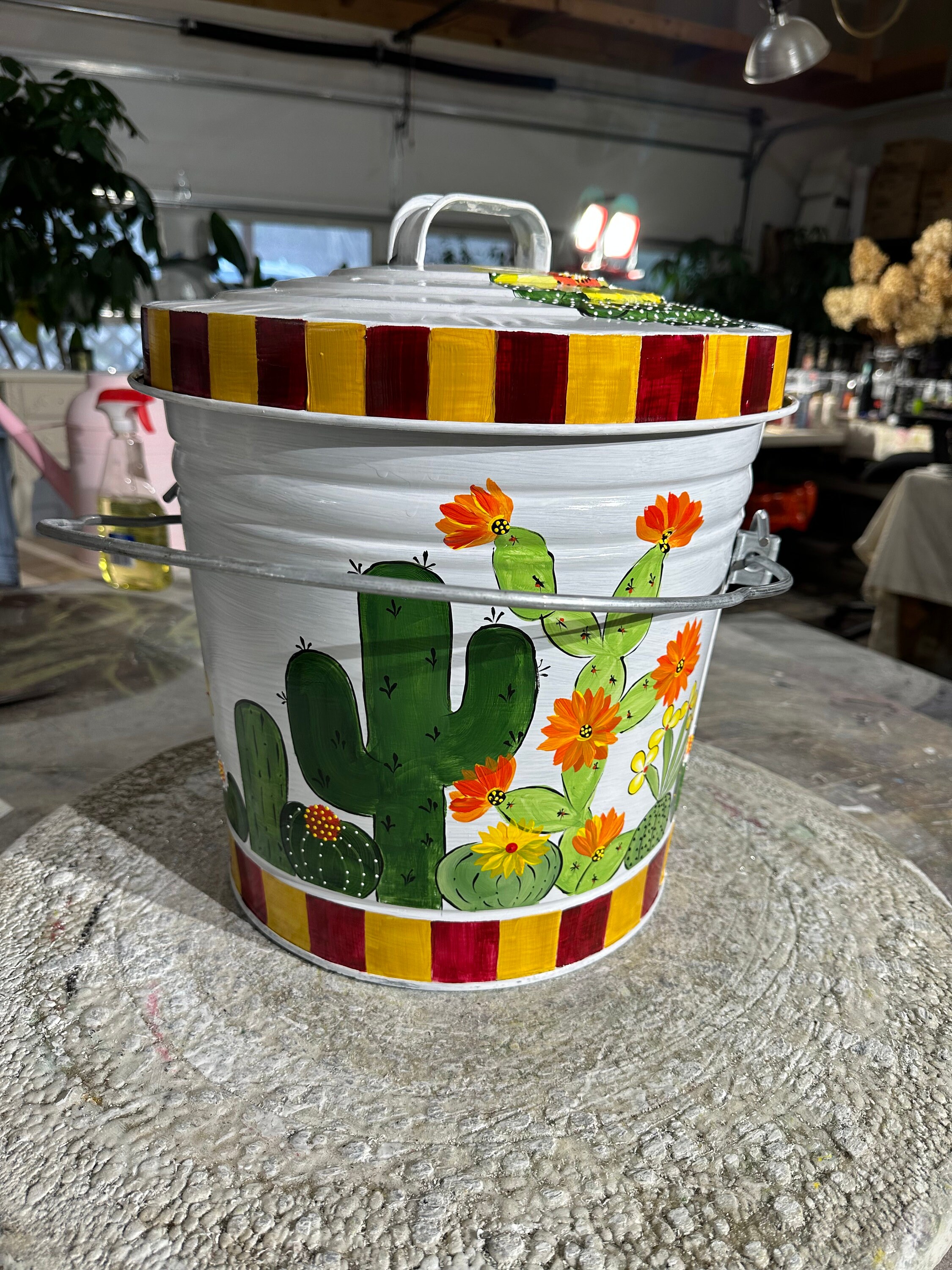 6 Gallon Hand Painted Can - Cactus, Orange/yellow Flowers - Etsy