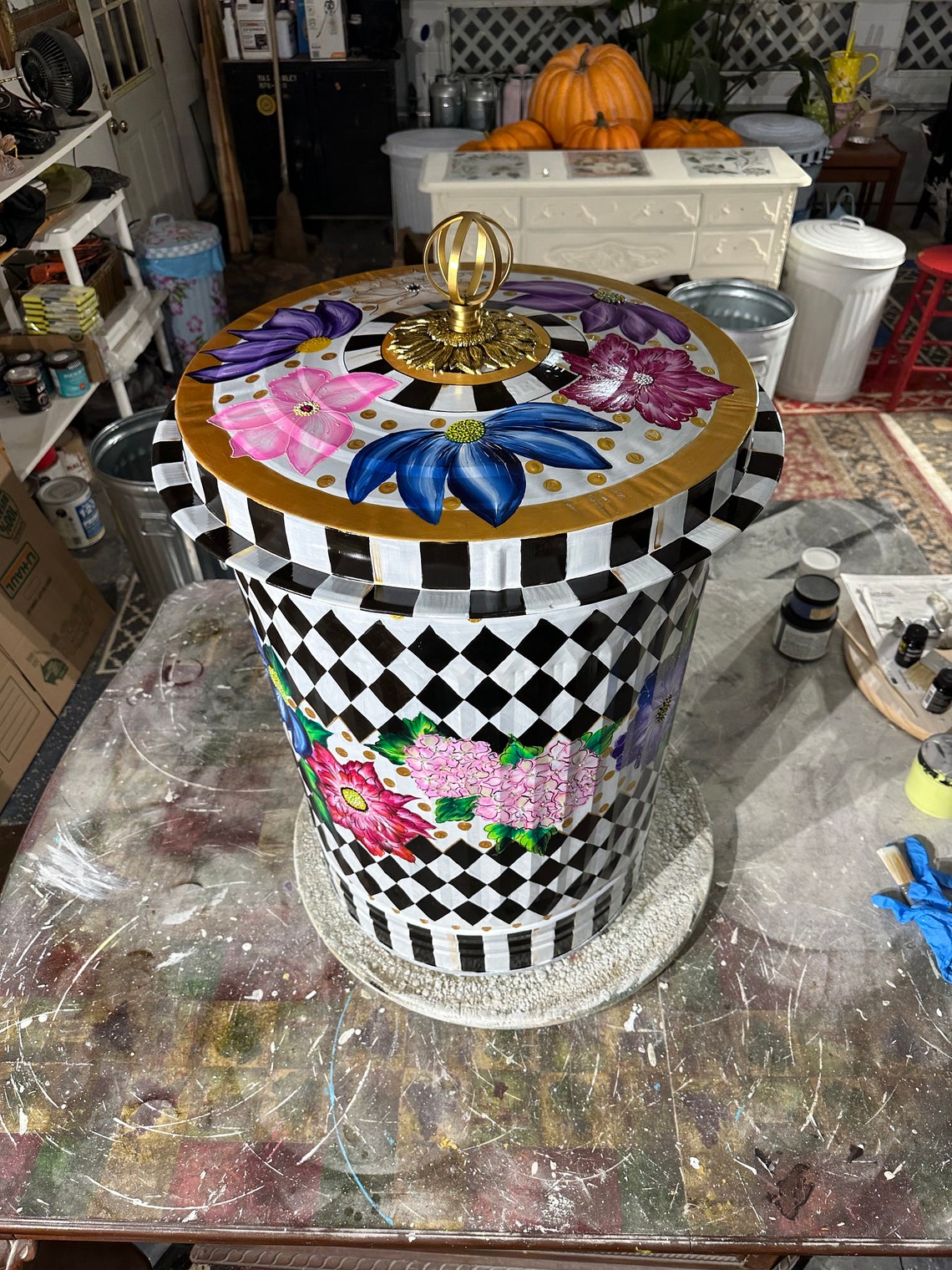 Hand Painted Trash Can - 30 Gallon - Multi Pattern/floral - Barrel Legs ...
