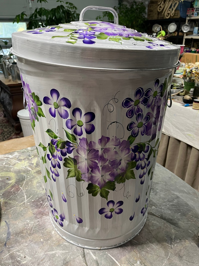 20 Gallon Hand Painted Trash/garbage Can - Vibrant Purple Floral ...