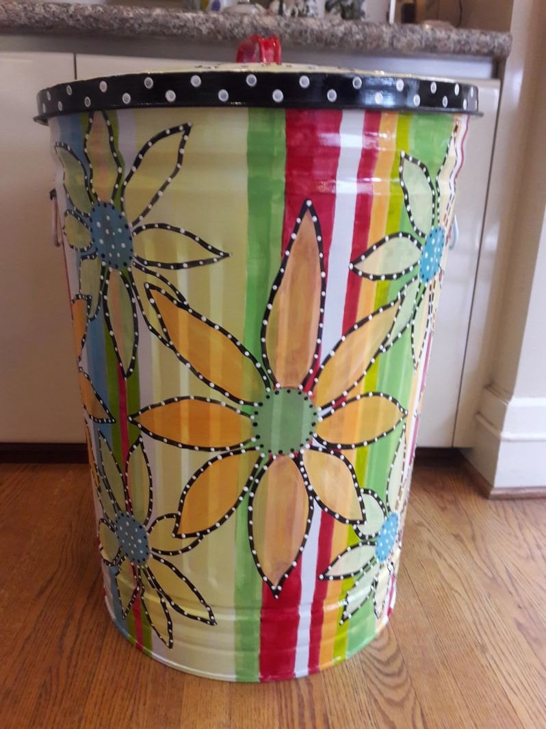 Hand Painted Trash/garbage Can - 30 Gallon Multi Stripped With Large ...