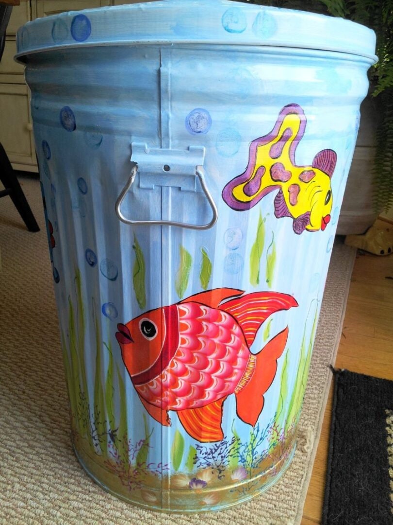 Hand Painted Trash/garbage Can - 20 Gallon Ocean Floor and Colorful ...