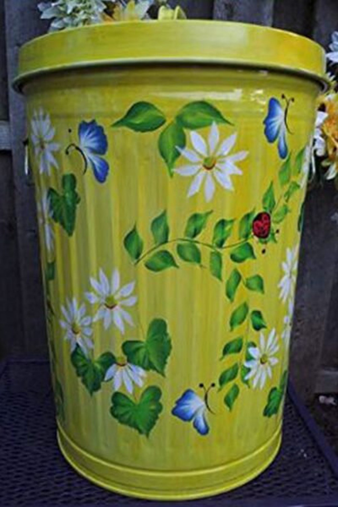 Hand Painted Trash/garbage Can - 20 Gallon Bright Yellow -daisy ...