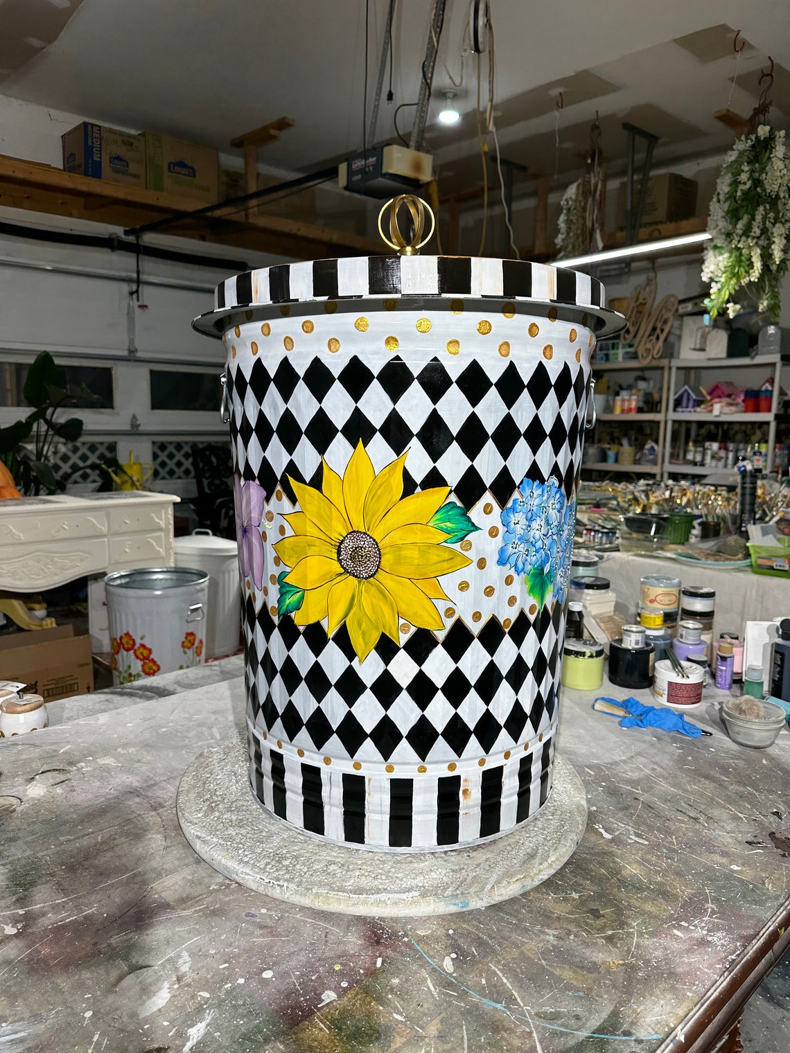Hand Painted Trash Can - 30 Gallon - Multi Pattern/floral - Barrel Legs ...