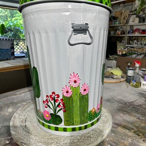 Hand Painted Trash Can - 20 Gallon - Cactus, Red and Pink Flowers - Etsy