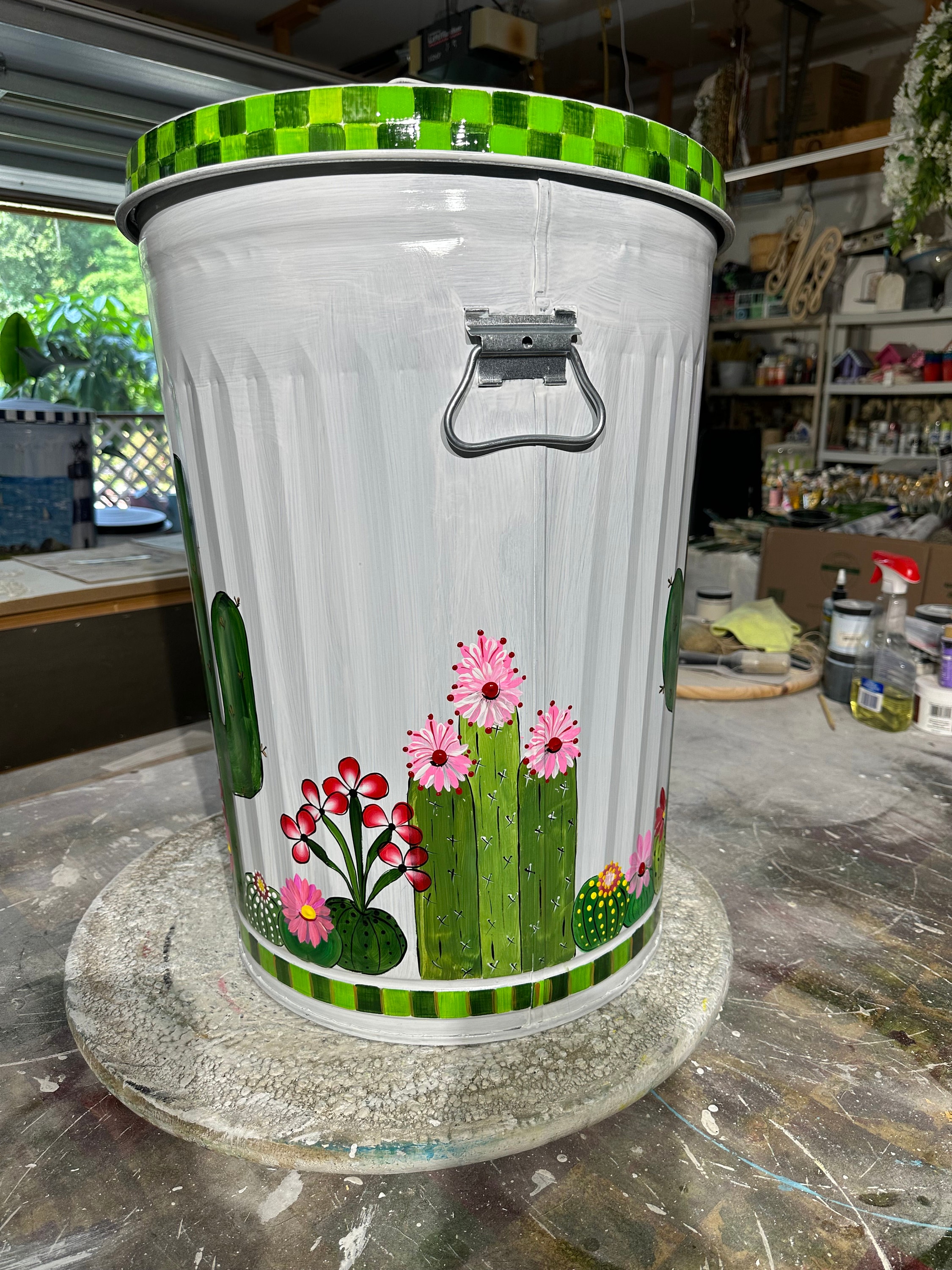 Hand Painted Trash Can - 20 Gallon - Cactus, Red and Pink Flowers - Etsy