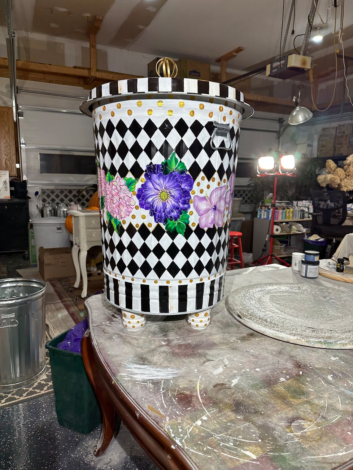 Hand Painted Trash Can - 30 Gallon - Multi Pattern/floral - Barrel Legs ...