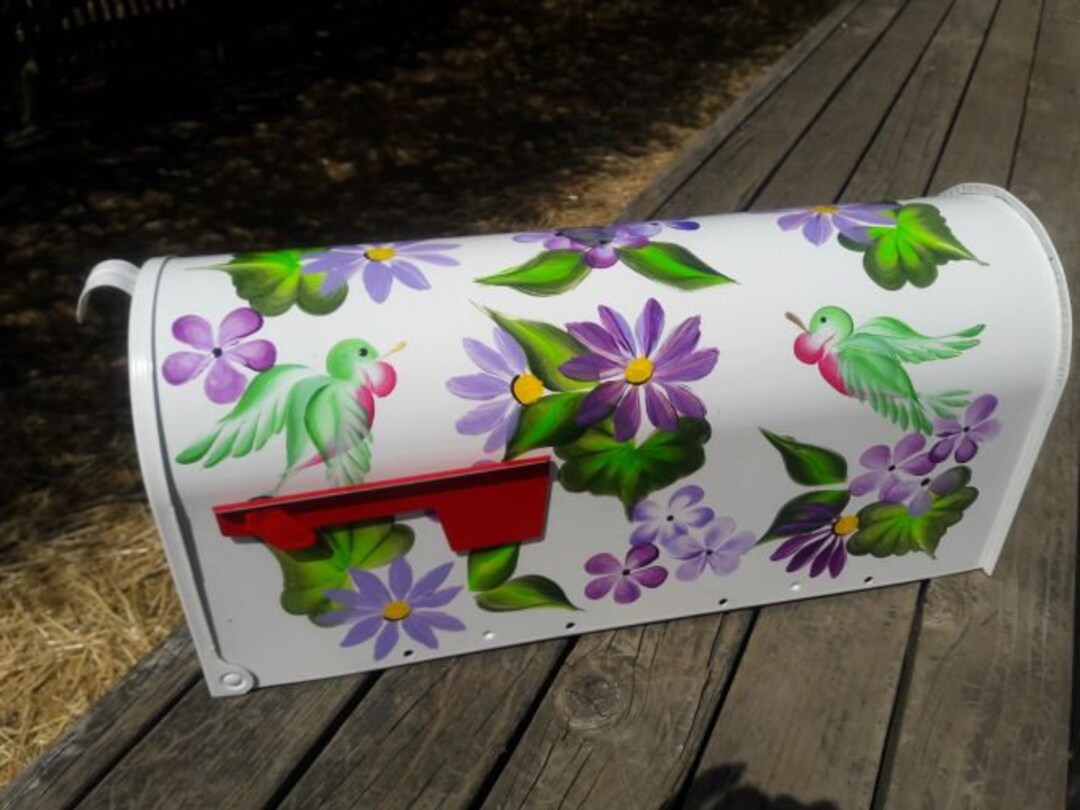 Hand Painted Mailbox - Bright White W/purple Floral, Hummingbirds ...