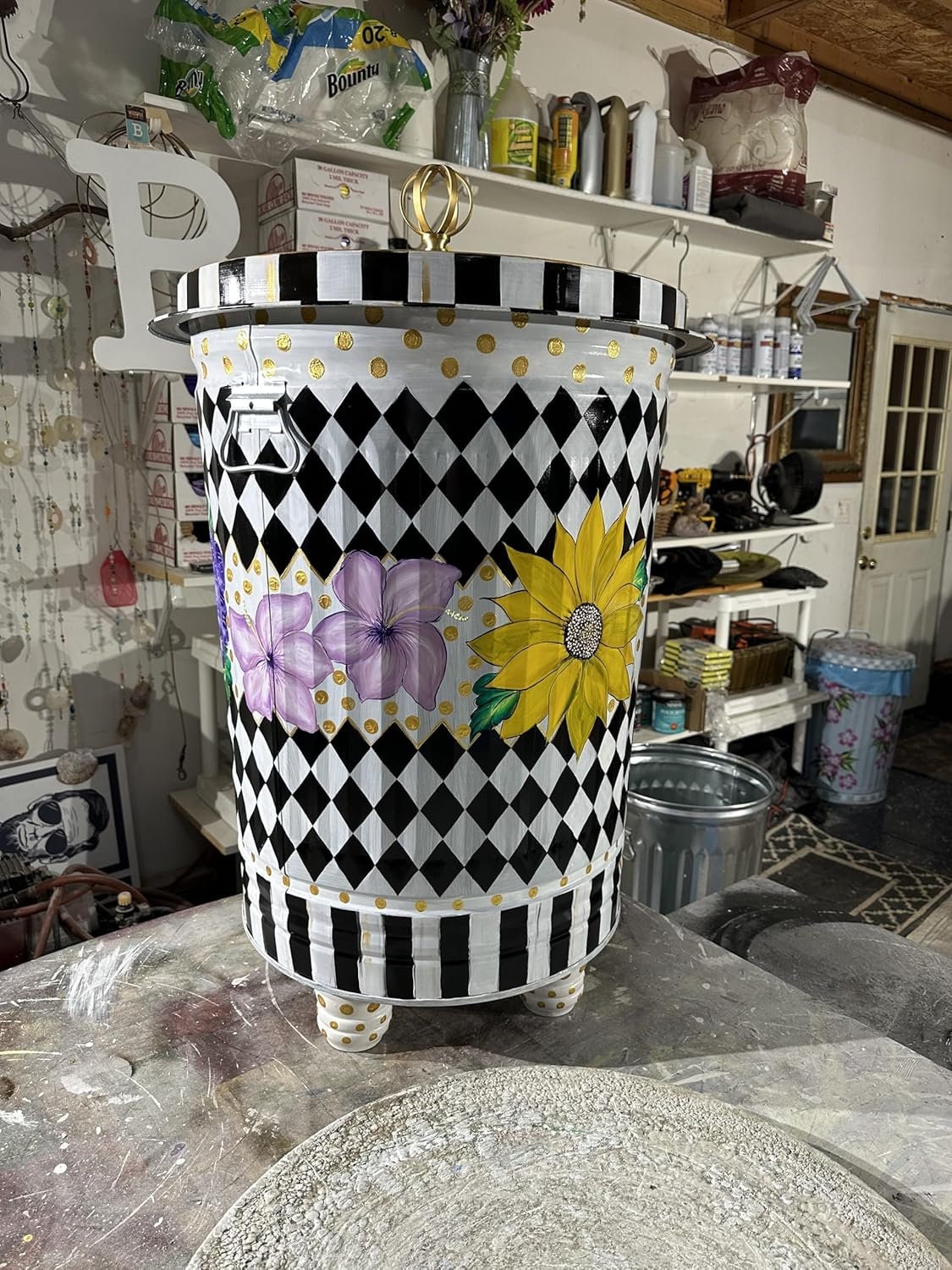 Hand Painted Trash Can - 30 Gallon - Harlequin Floral W/legs and Sphere ...