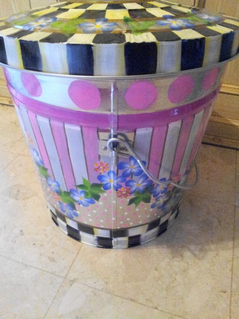Hand Painted Trash/garbage Can - 10 Gallon Galvanized W/stripes, Floral ...