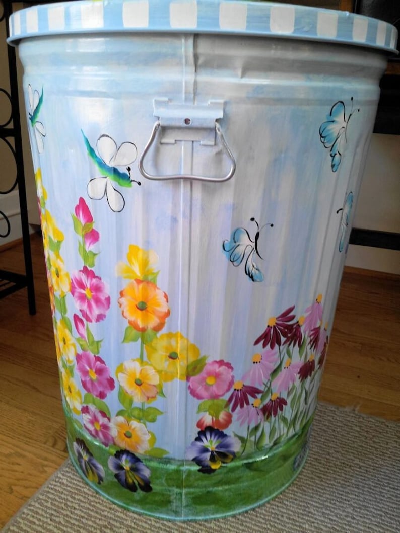 Hand Painted Trash/garbage Can - 30 Gallon Flower Garden, Welcome Sign ...