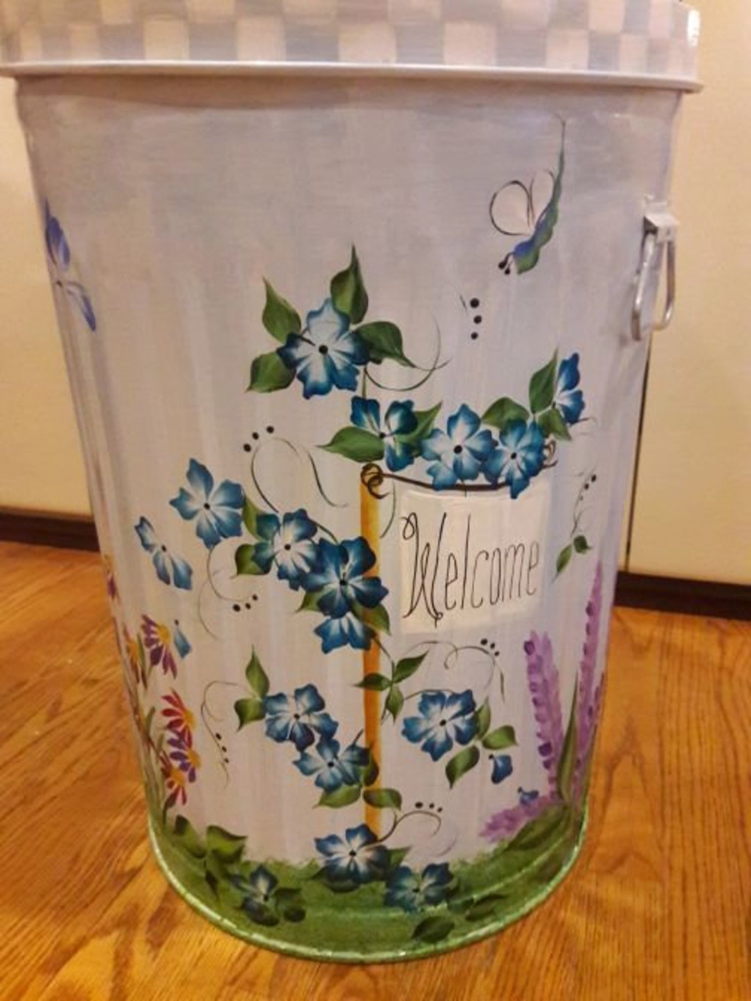 Hand Painted Trash/garbage Can 20 Gallon Light Blue With Floral Garden ...