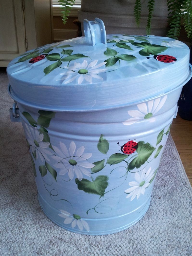 Hand Painted Trash/garbage Can - 6 Gallon Medium Blue Daisy, Greenery ...