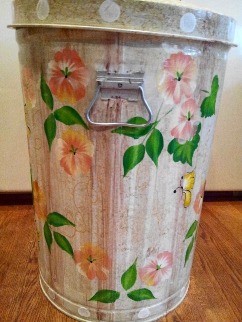 Hand Painted Trash/garbage Can 20 Gallon Maple Wash W/streaking, Peach/coral Pansies, Yellow ...