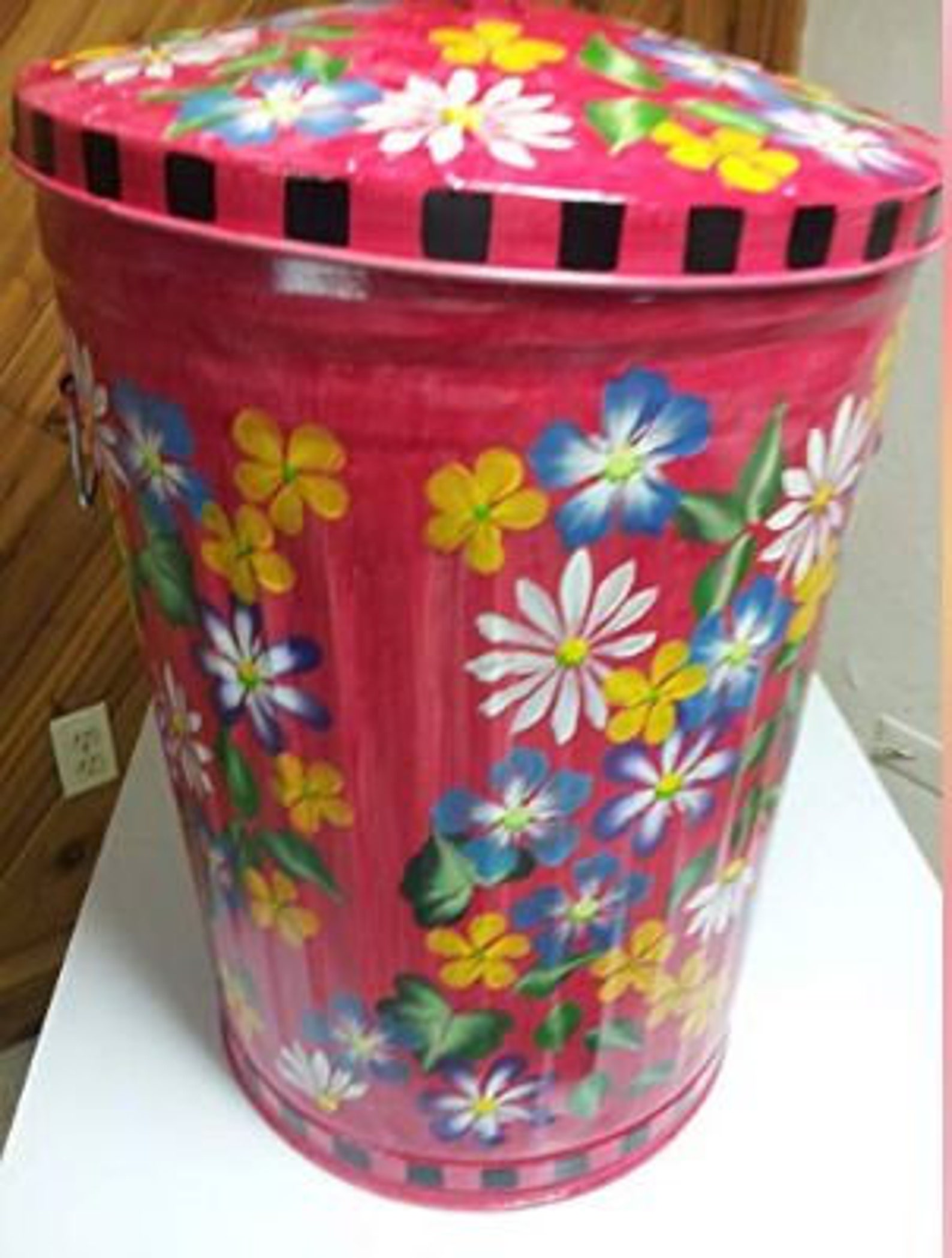 Hand Painted Trash/garbage Can - 20 Gallon Red Wash, Multi Color Floral ...