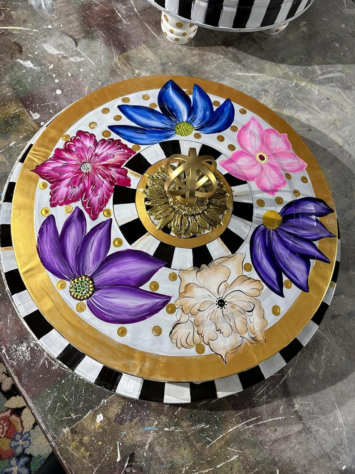 Hand Painted Trash Can 30 Gallon Harlequin Floral W/legs and Sphere ...