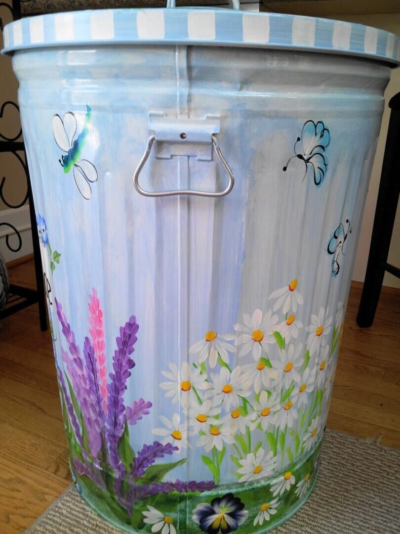 Hand Painted Trash/garbage Can 30 Gallon Flower Garden, Welcome Sign ...