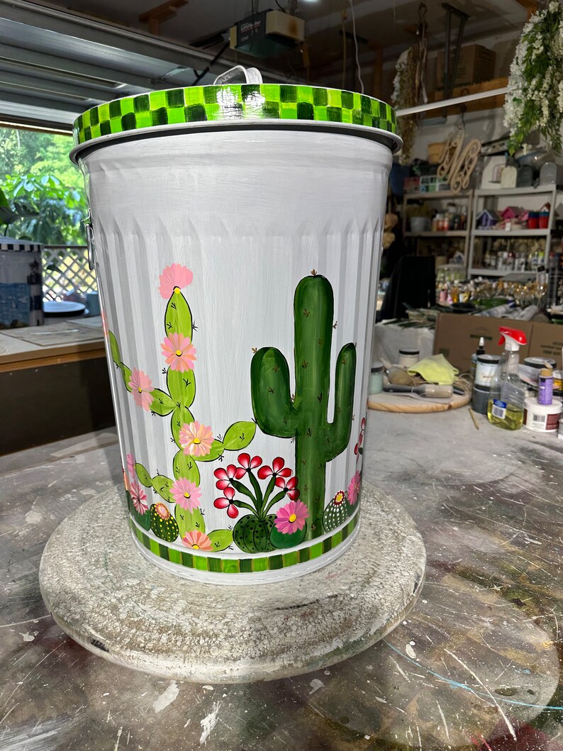 Hand Painted Trash Can - 20 Gallon - Cactus, Red and Pink Flowers - Etsy