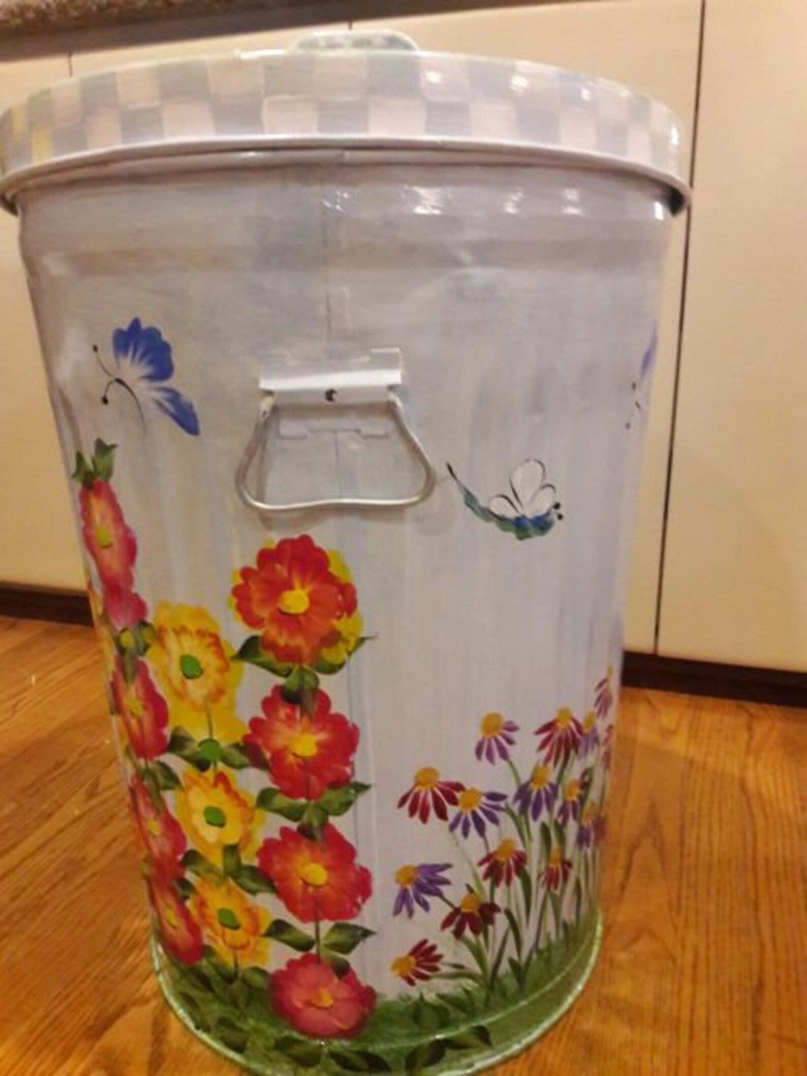 Hand Painted Trash/garbage Can - 20 Gallon Light Blue With Floral ...