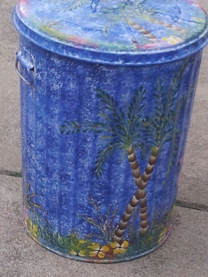 Hand Painted Trash/garbage Can 20 Gallon Cobalt Wash Palm - Etsy