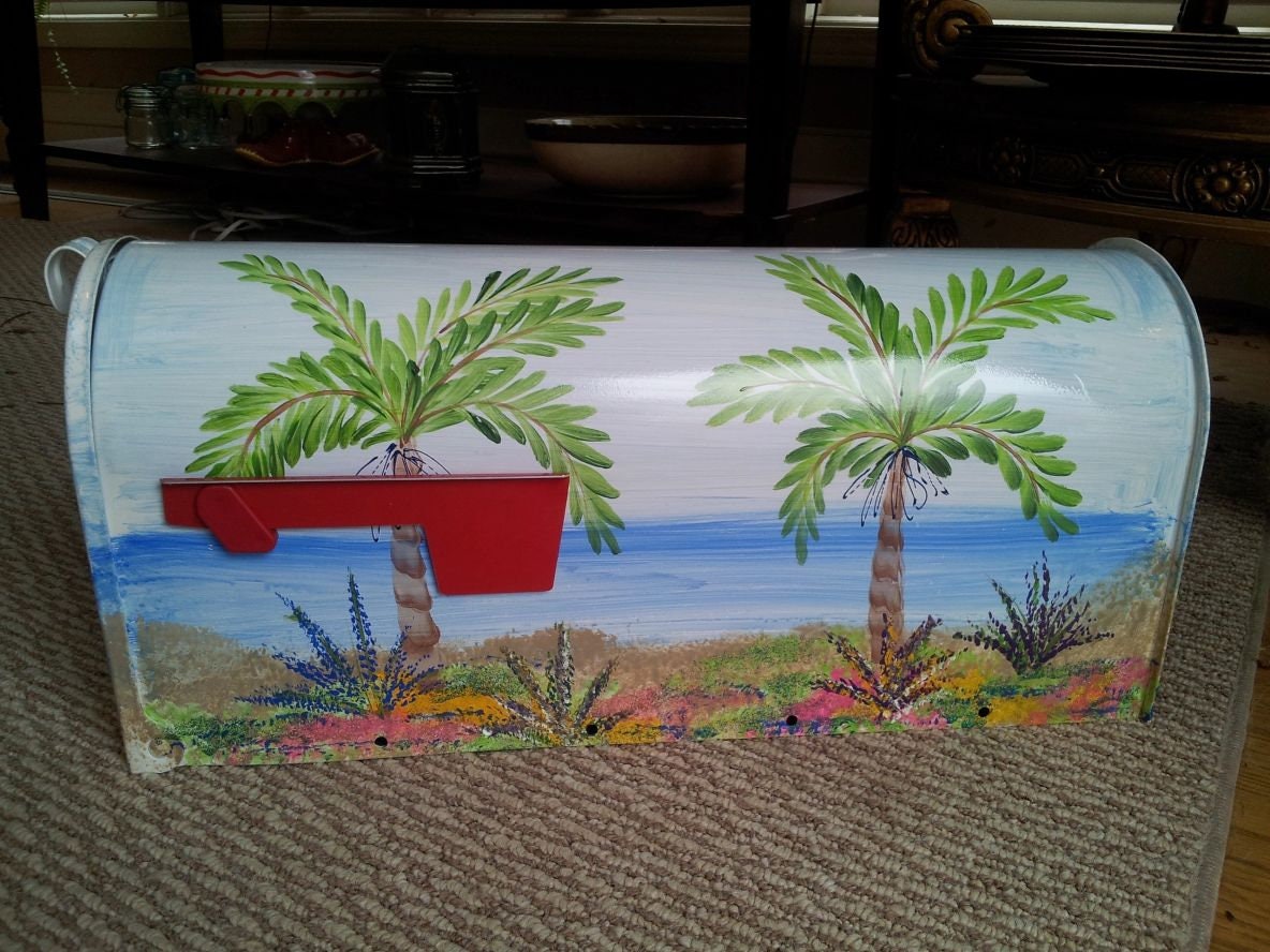 Hand Painted Mailbox - Beach Scene W/front Door Address, Palms, Water ...
