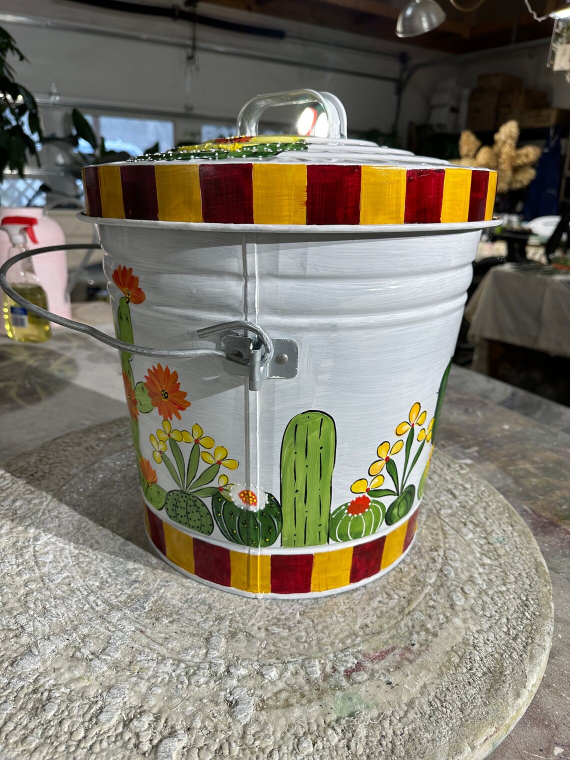 6 Gallon Hand Painted Can - Cactus, Orange/yellow Flowers - Etsy