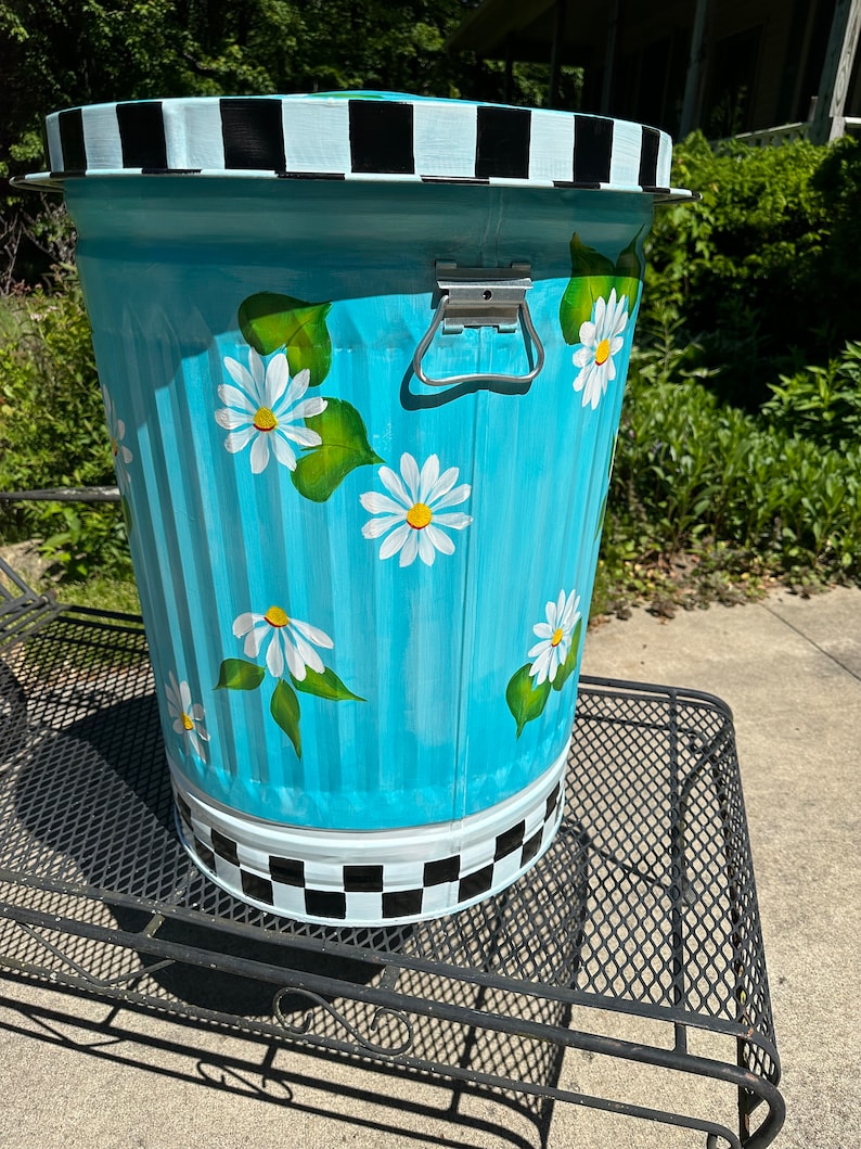 Hand Painted Trash/garbage Can - 30 Gallon Caribbean Blue, Black ...
